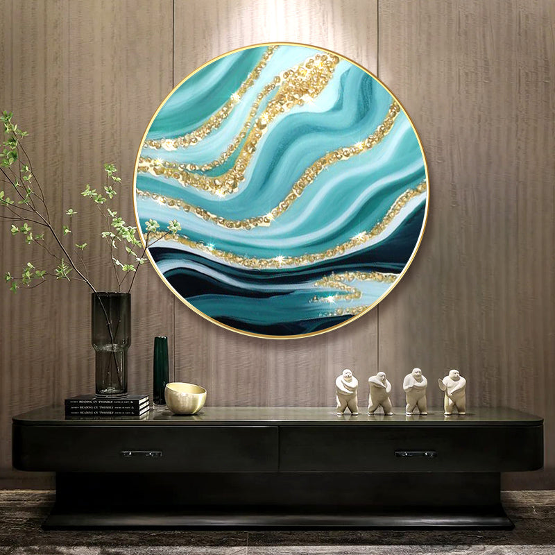 Gold Teal Resin Geode Wall Art – Round Ocean Epoxy Fluid Painting