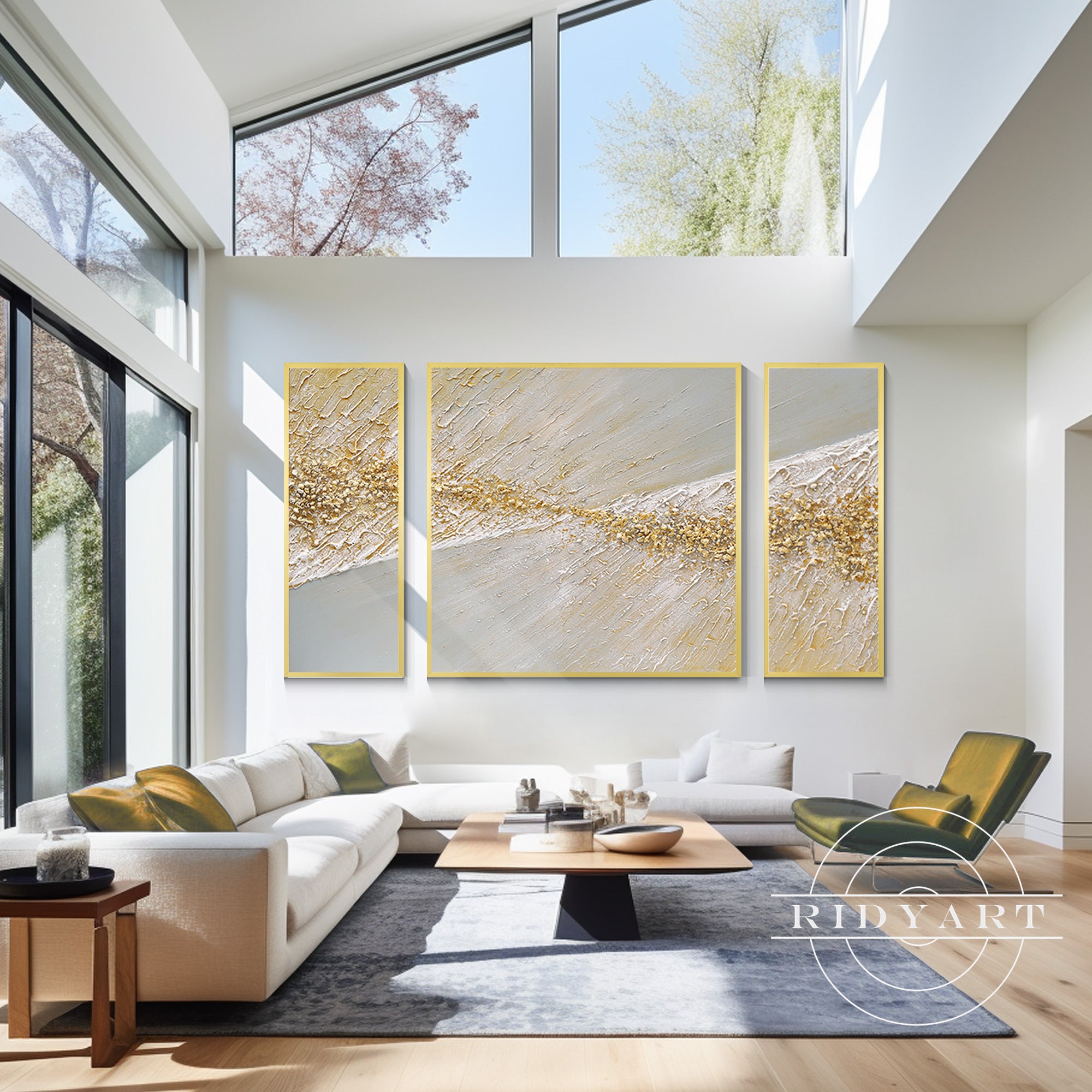Triptych Gold Beach abstract Painting for living room decor