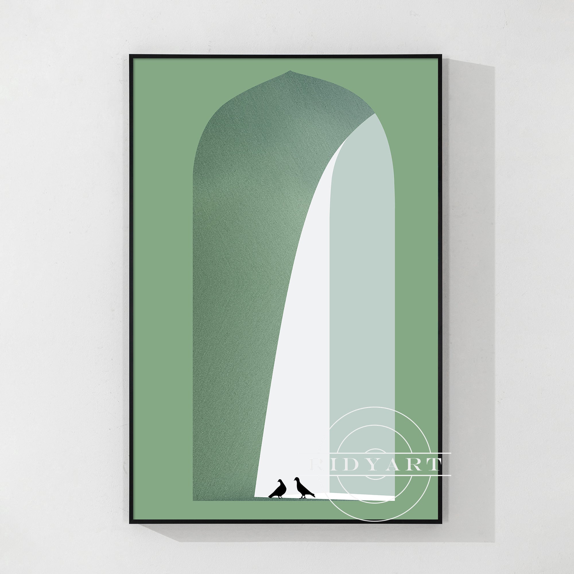 Morandi Green Arch Wall Art - Abstract Canvas Arches and Pigeons Decor