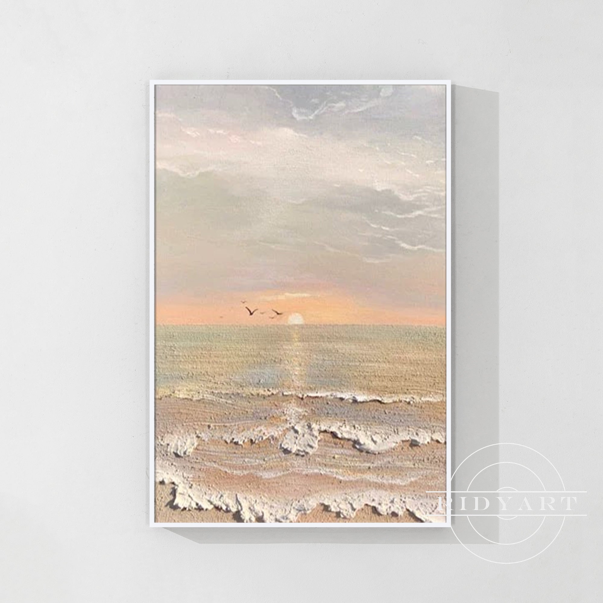 Beige Sunrise Abstract Ocean Painting – Textured Modern Seascape Wall Art