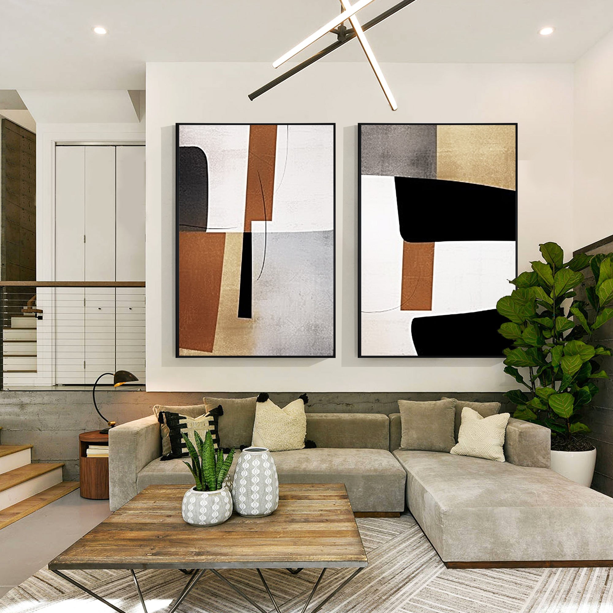 Set of 2 Boho Abstract Art Paintings in Earth Tones
