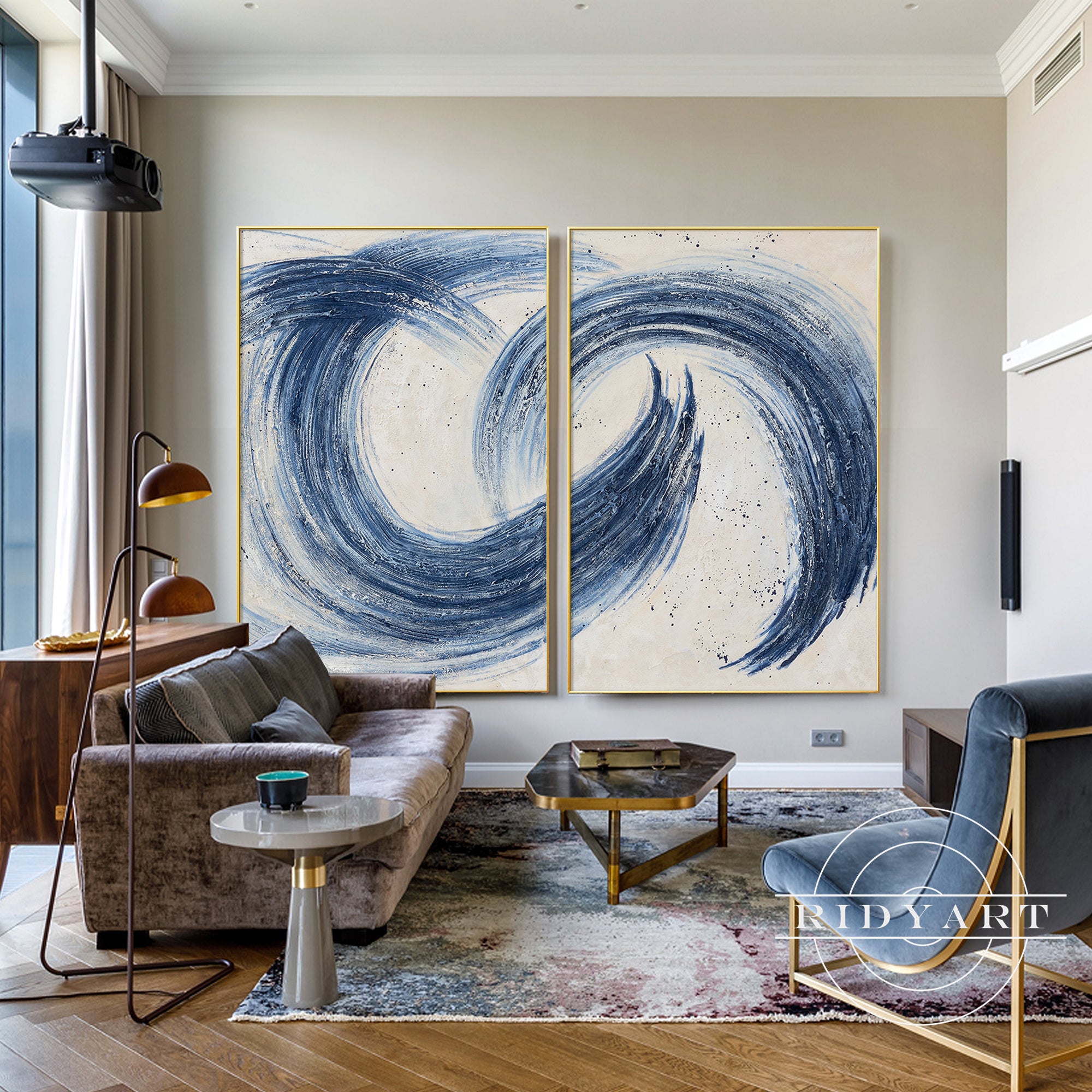 Deep Blue Textured Abstract Diptych – Modern Hand-Painted Canvas Art