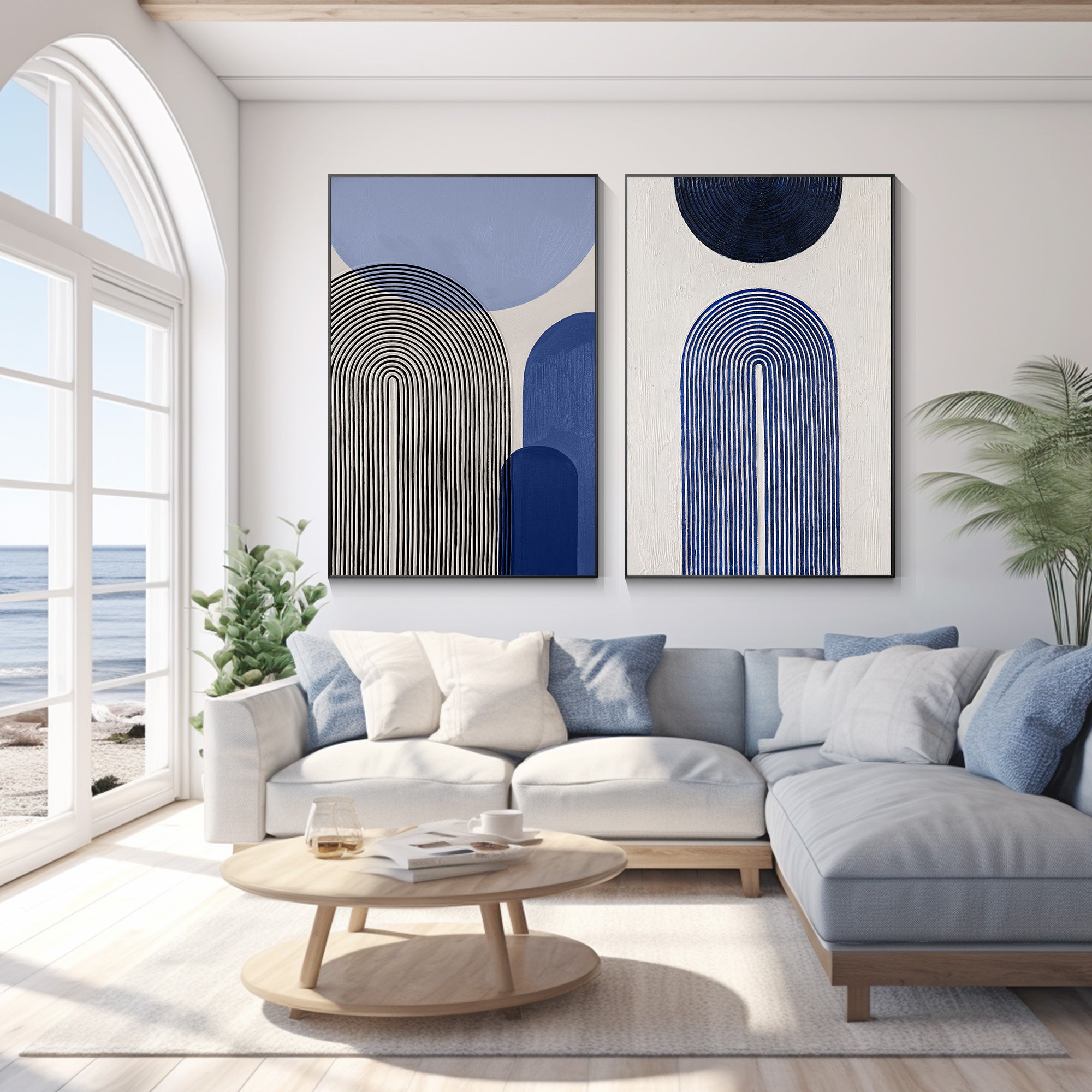 Set of 2 Baby Blue Abstract Textured Geometric Wall Art