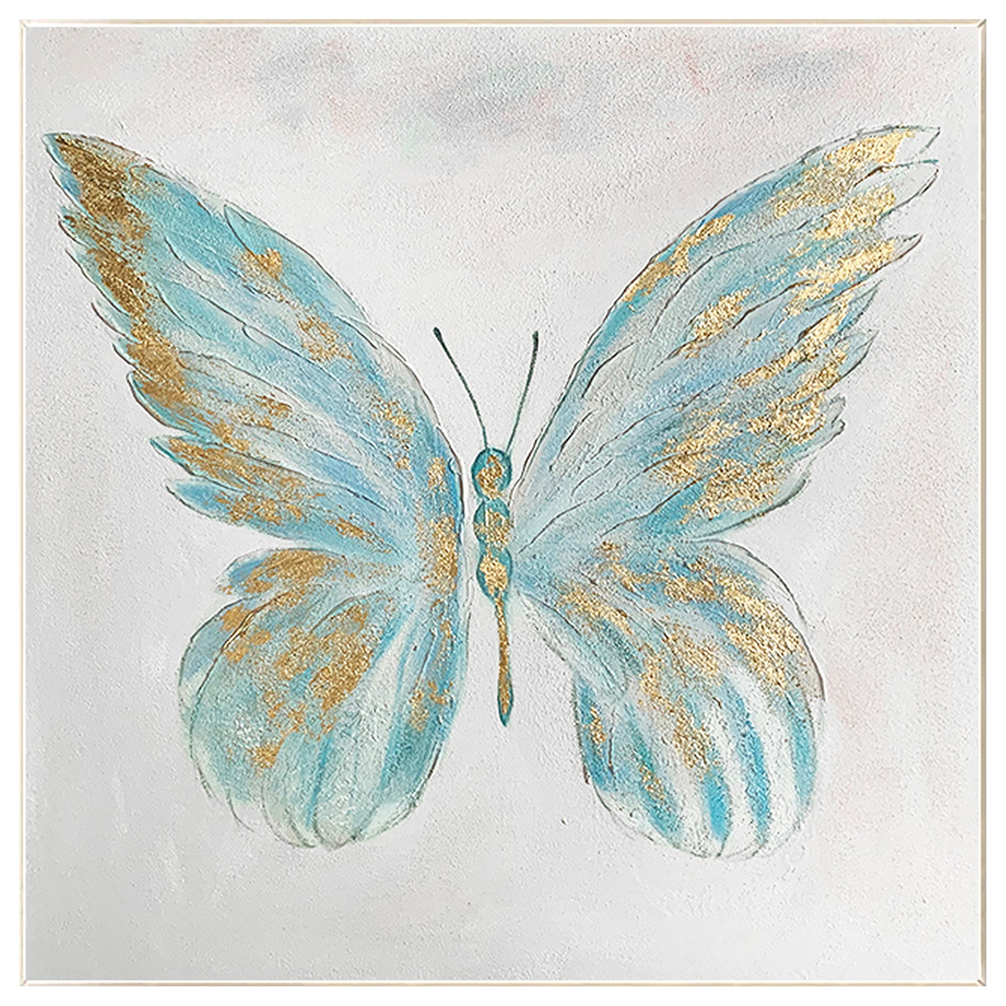 Light Blue Gold Butterfly Painting – Square Textured Wall Art