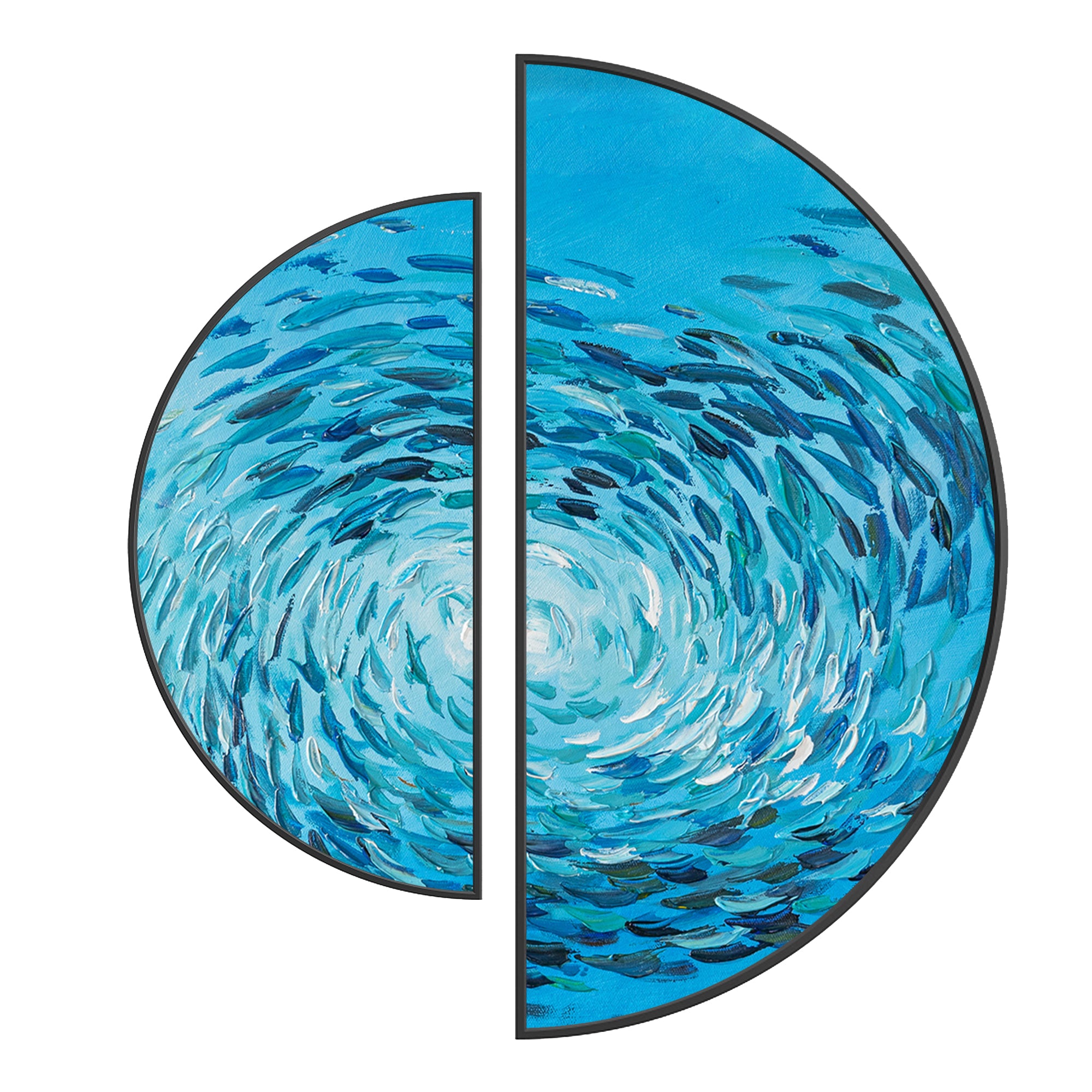 Set of 2 Blue Ocean Fish Circle Paintings – Textured Coastal Wall Art