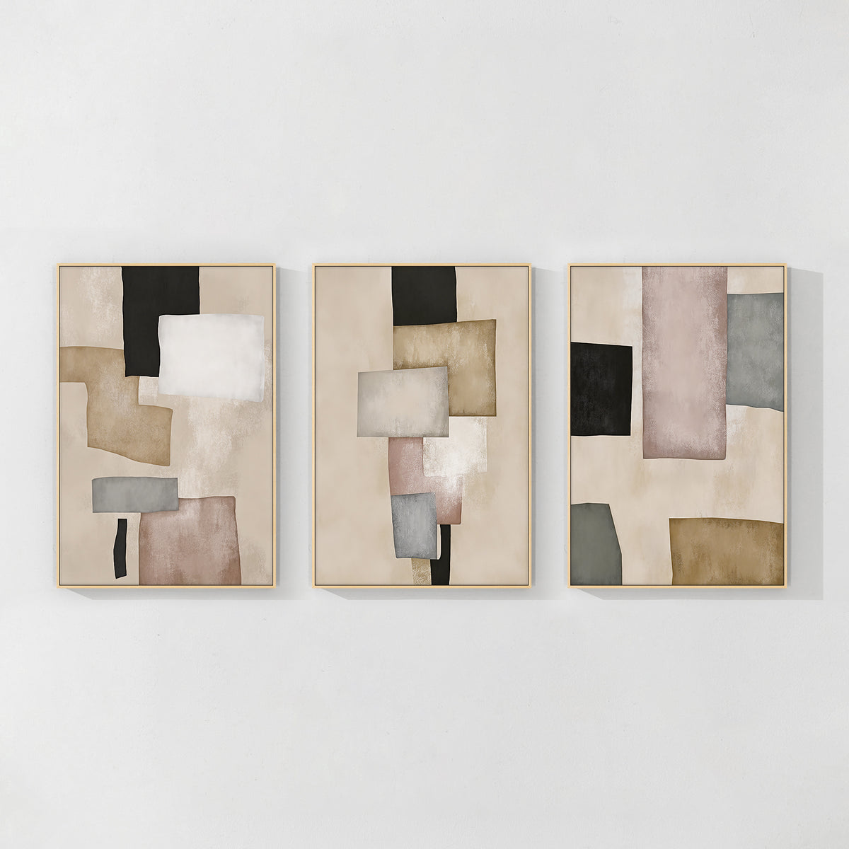 Geometric Abstract Wall Art Set of 3 – Beige, Black & Pink Canvases