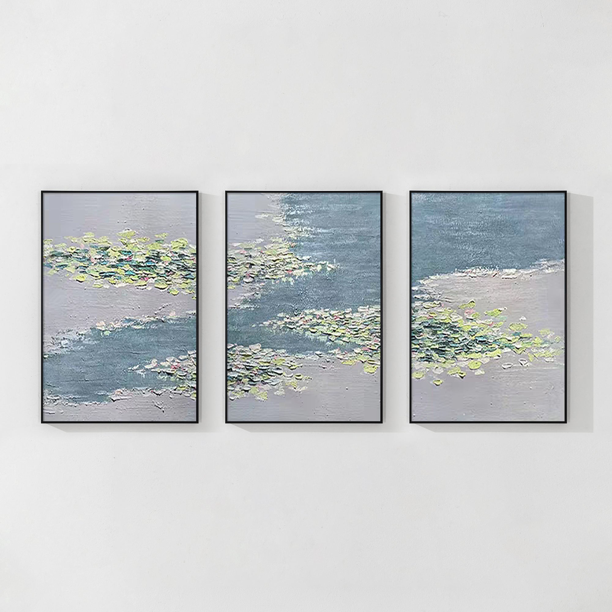 Set of 3 Water Lily Pond Paintings – Sage Green Lotus Wall Triptych